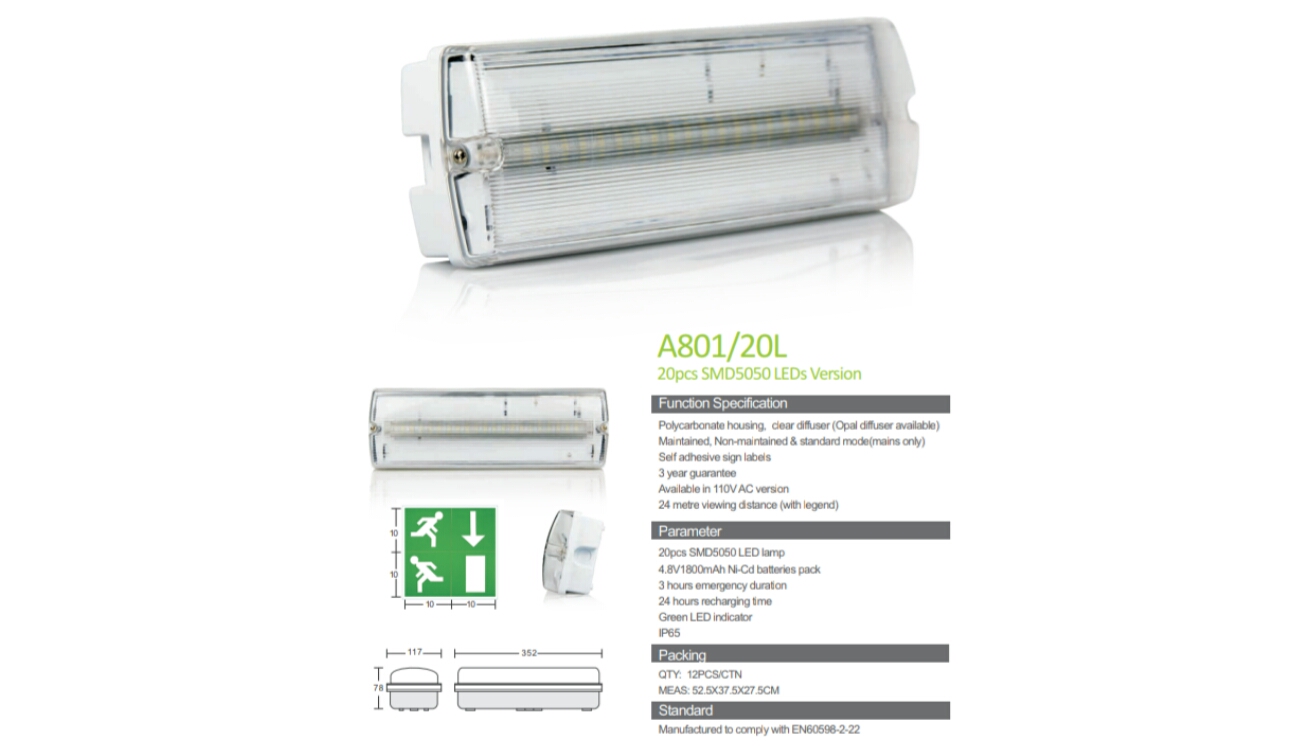 LED Emergency Bulkhead A801/20L SMD5050 LEDs Version - Lampu Exit